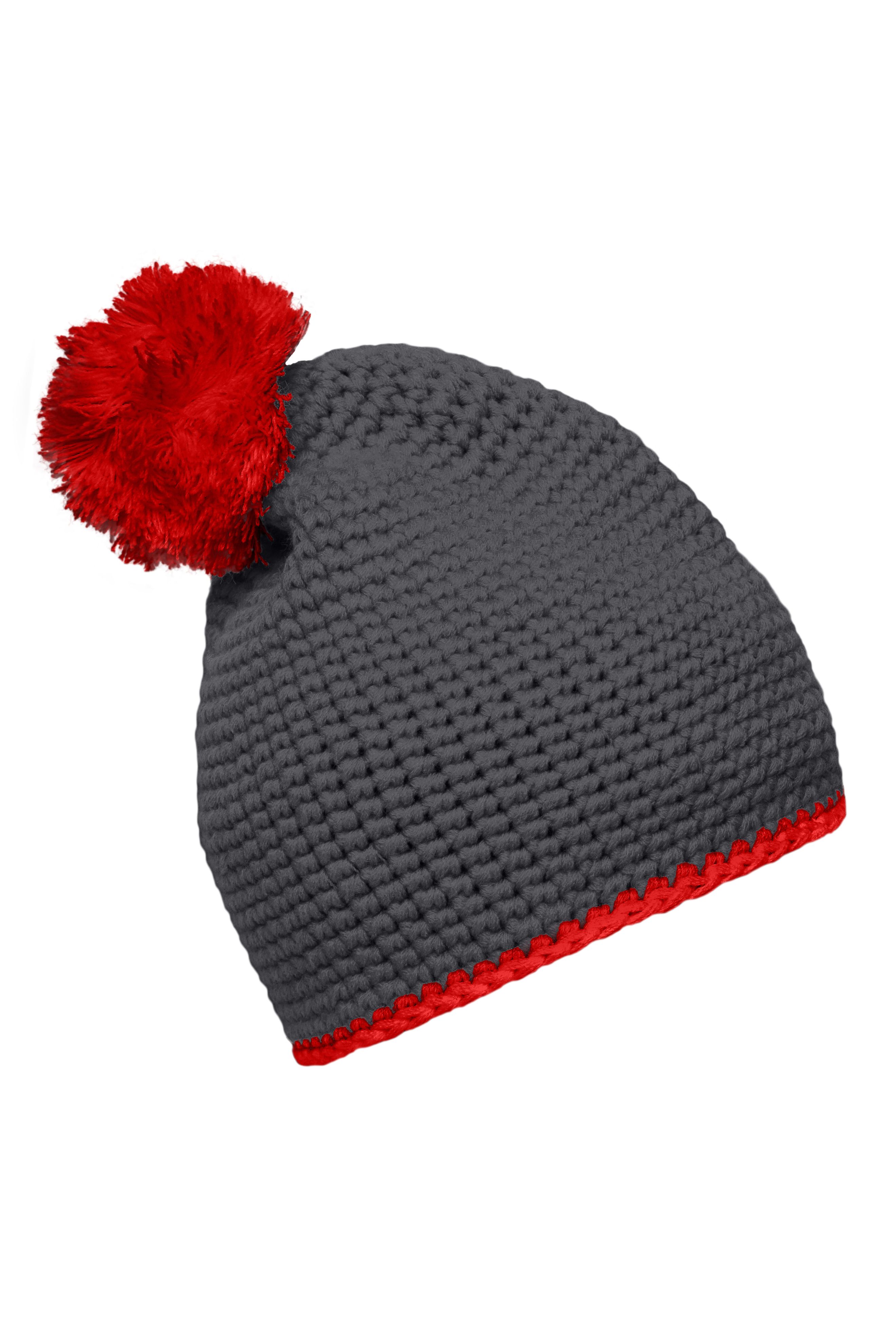 Unisex Pompon Hat with Contrast Stripe Carbon/red-Daiber