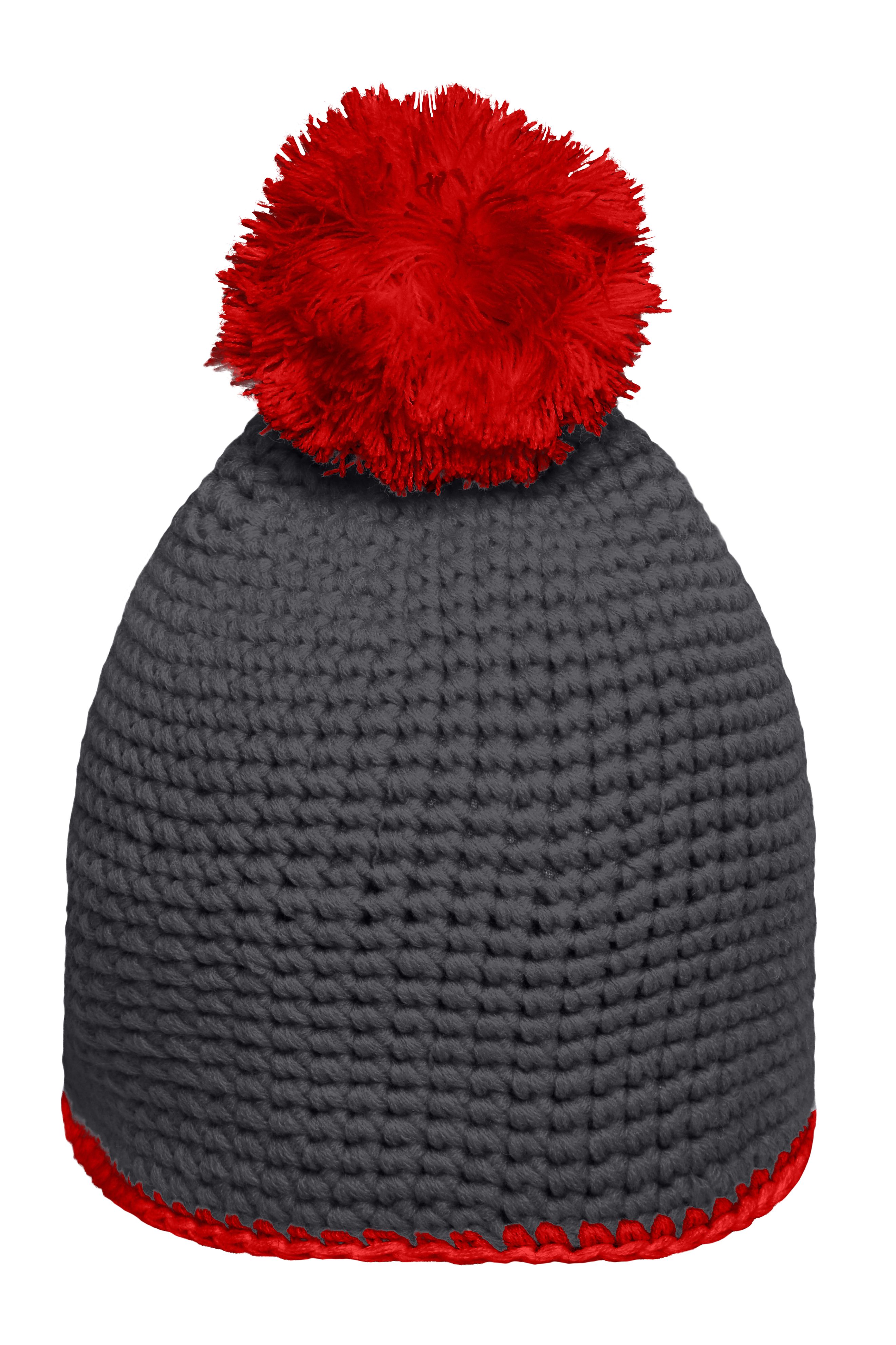 Unisex Pompon Hat with Contrast Stripe Carbon/red-Daiber