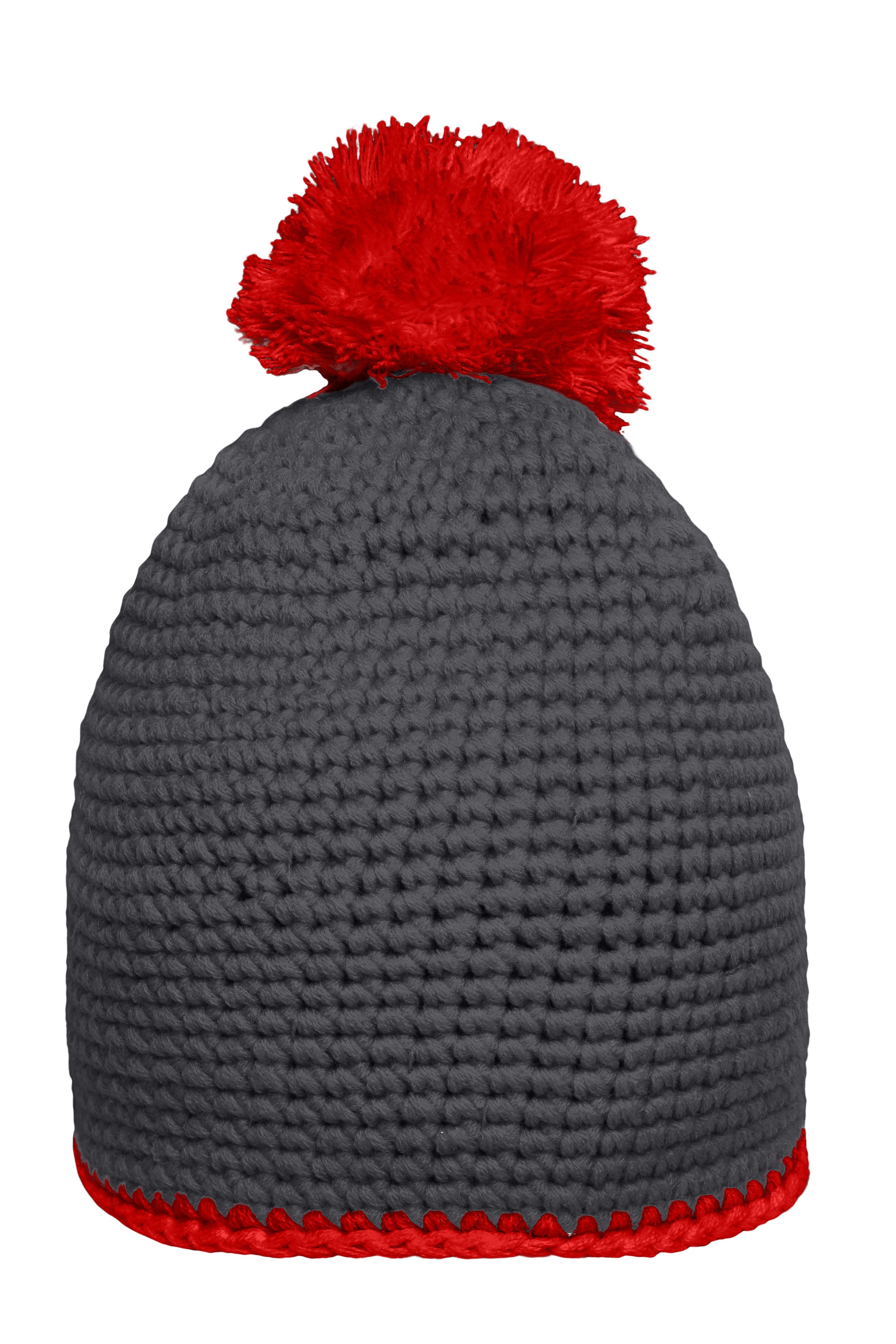 Unisex Pompon Hat with Contrast Stripe Carbon/red-Daiber